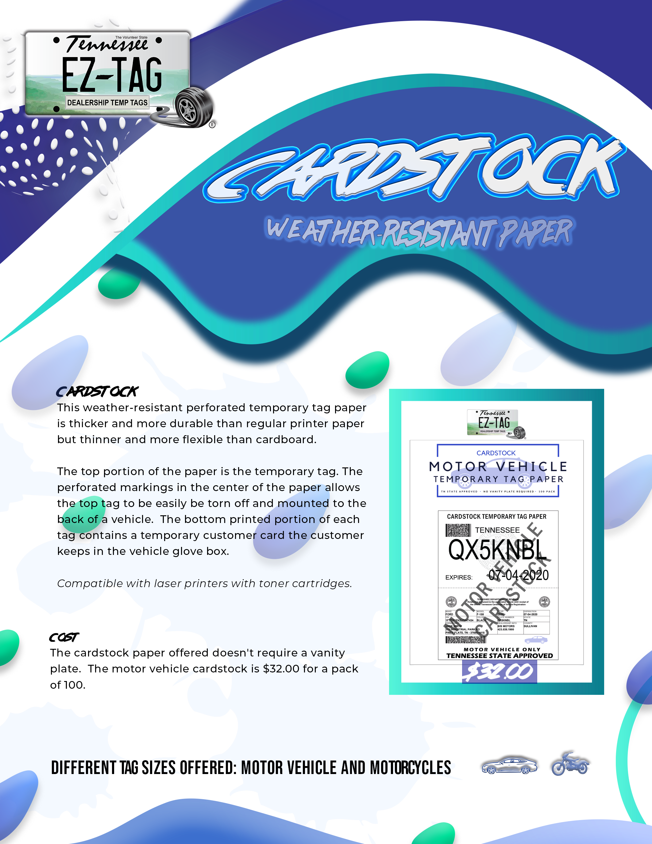 EZ Tag Motor Vehicle Temporary Tag Cardstock Paper (100 Pack), BISsupplies